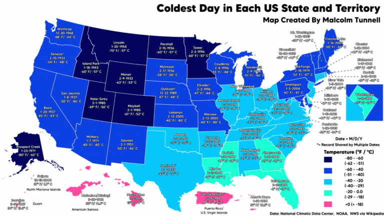 U.S. Coldest Days Map | Wondering Maps