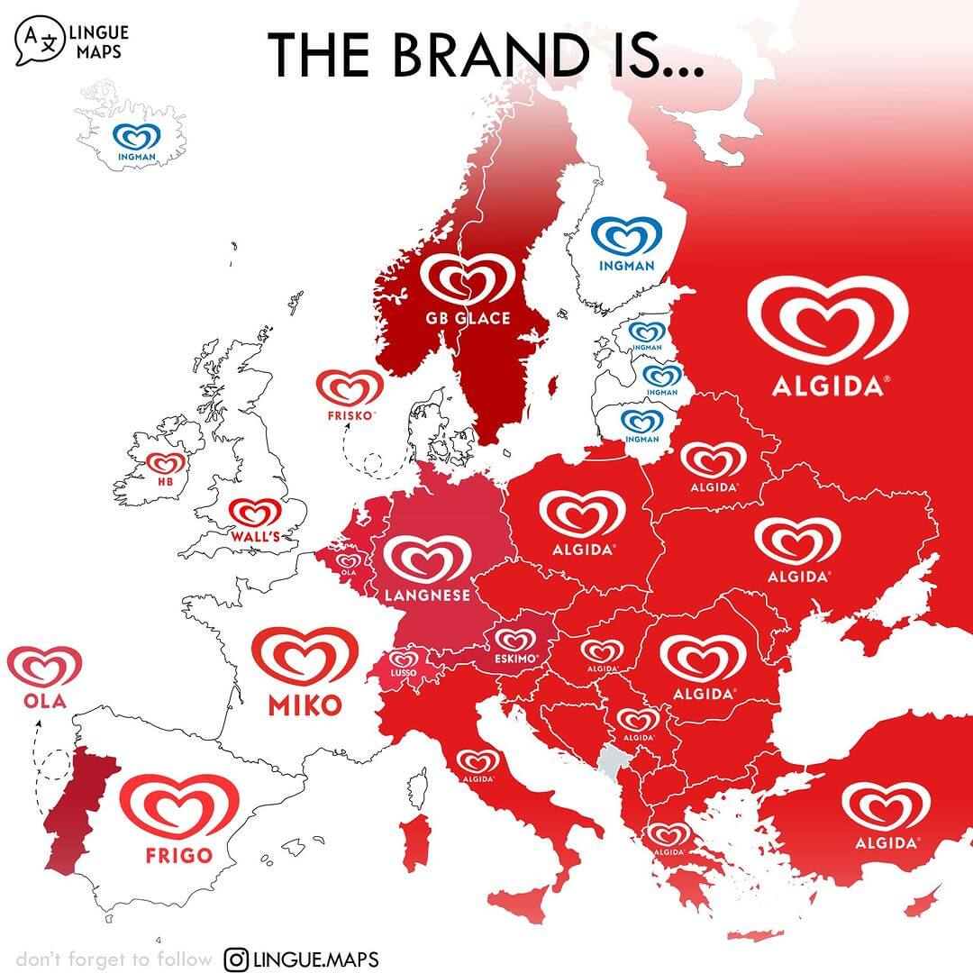 Europe's Heartbrand Ice Cream Names Map - Wondering Maps