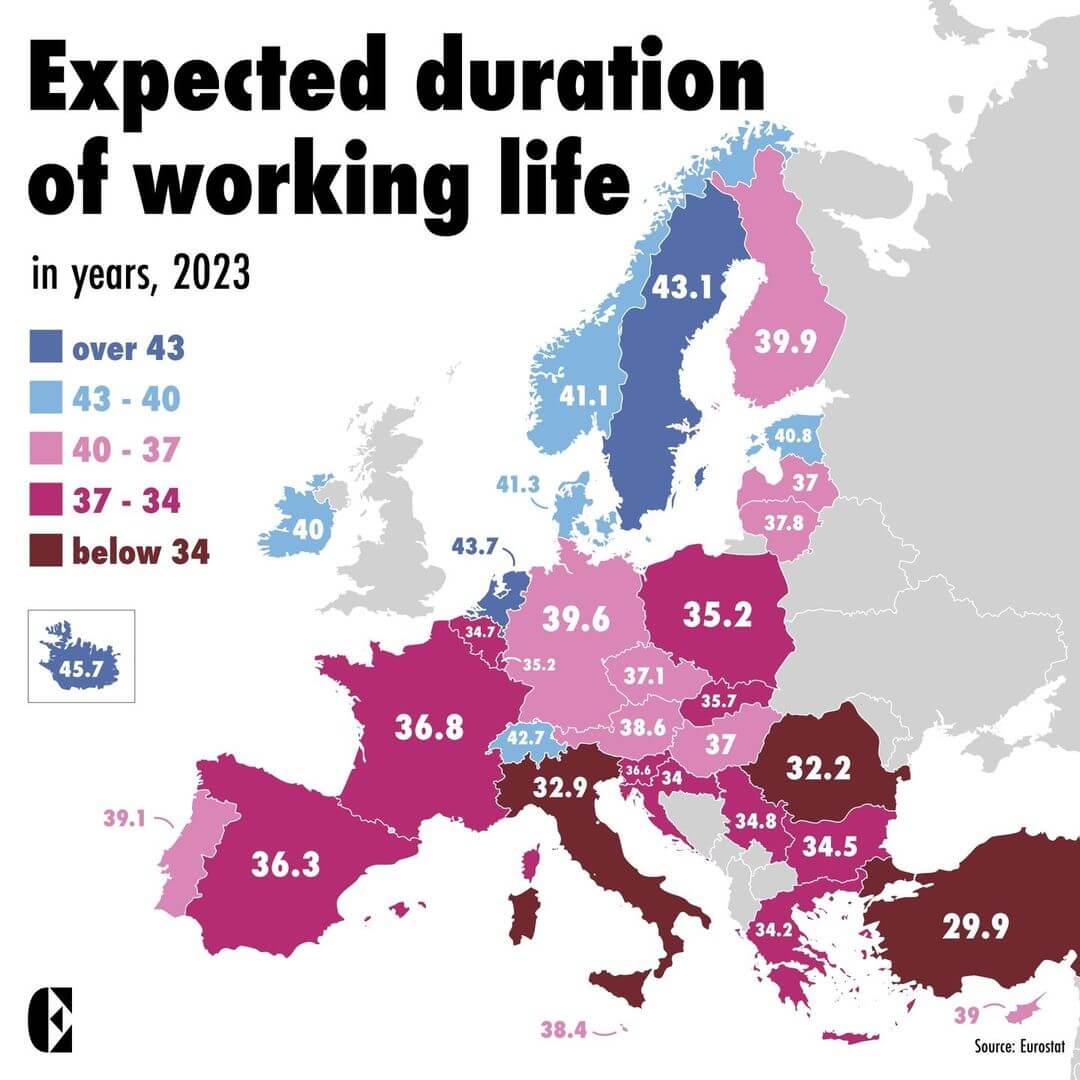 Europe Map: Average Working Years