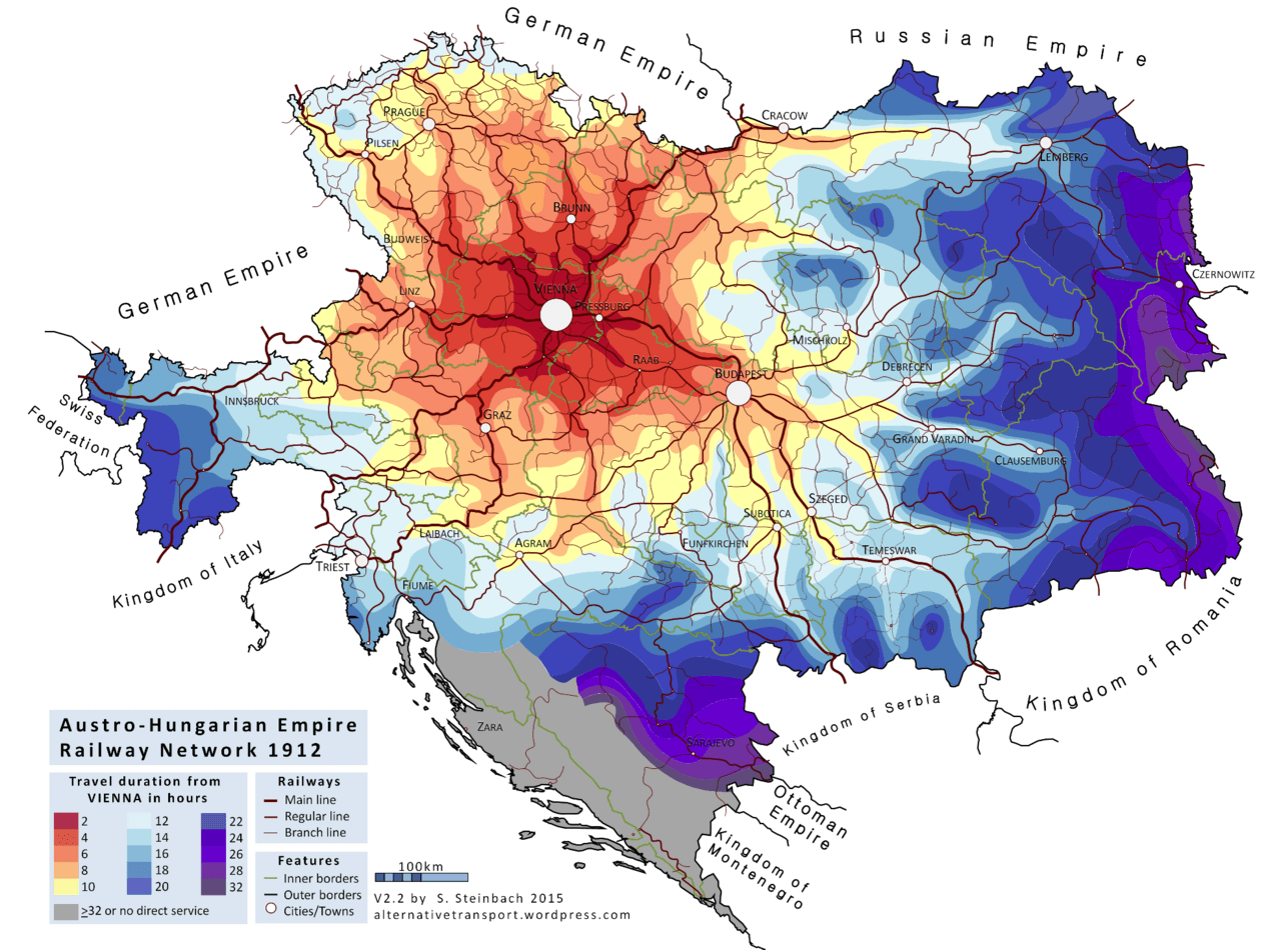 Travel Time From Vienna To The Austro-Hungarian Empire (1912) Map